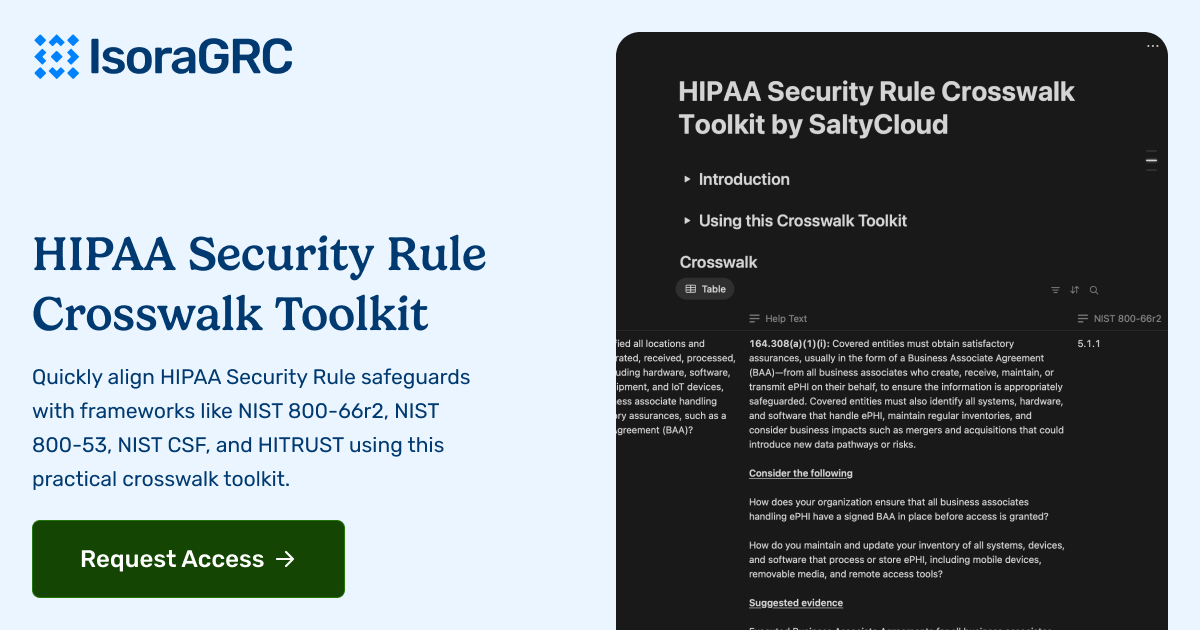 HIPAA Security Rule Crosswalk Toolkit | Isora GRC